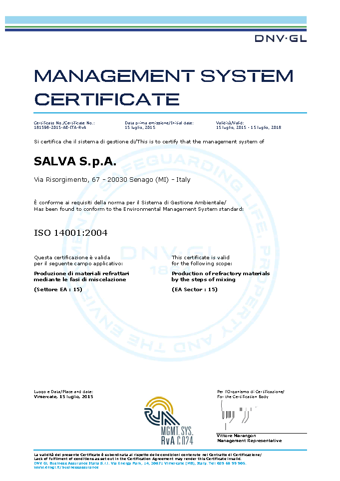 ISO 14001:2004 – SALVA S.p.A. – industria refrattari speciali ISO 14001:2004 – SALVA S.p.A. – industria refrattari speciali
